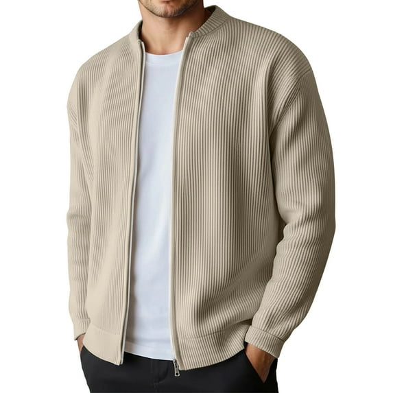 DHFJKG Ribbed Cardigan Jacket For Men Solid Color Long Sleeve Zip Up ...