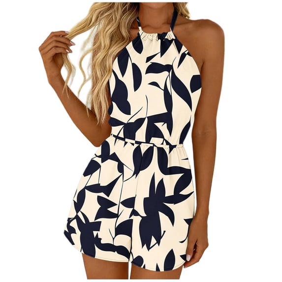 DHFJKG Rompers For Women 2026 Summer Casual Sleeveless Halter Backless ...