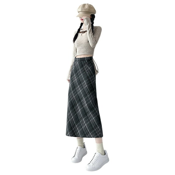 DHFJKG Skirts For Women Plaid High Waist Side Slit Mid-Calf Skirt Slim ...