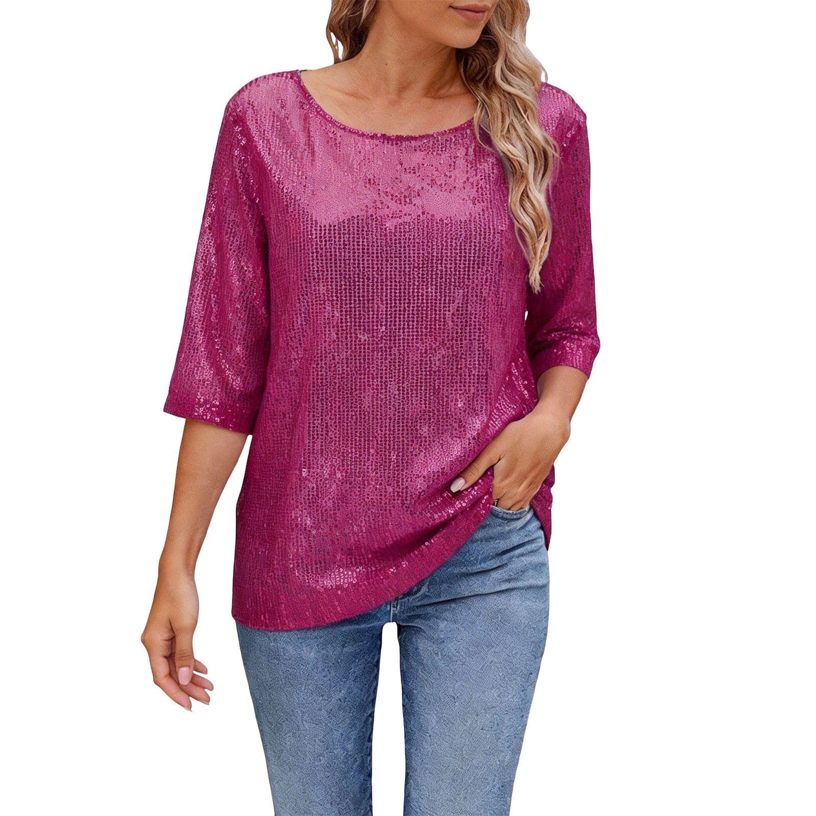DHFJKG Sparkly Sequins Shirts For Women Casual Solid Color Round Neck ...