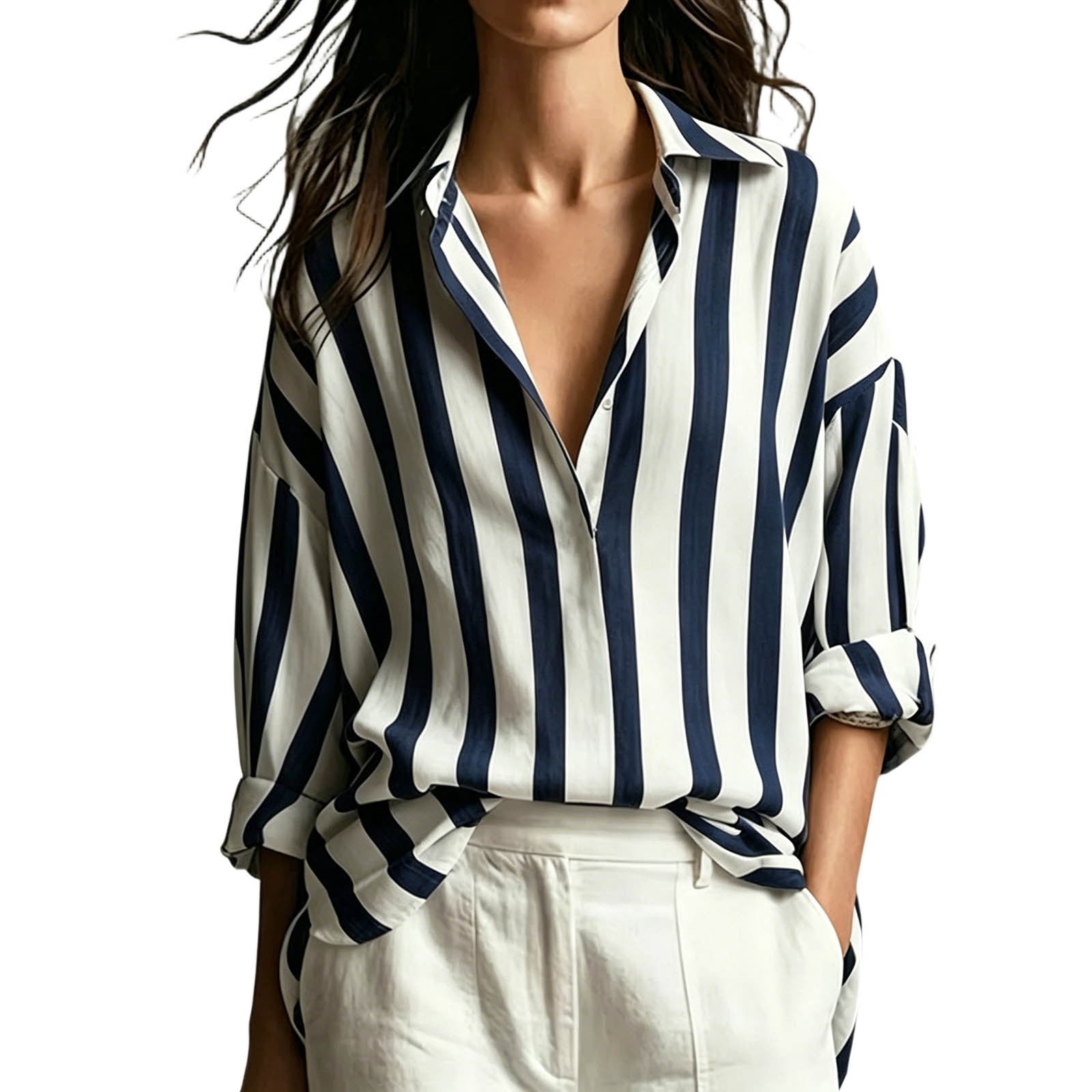 DHFJKG Striped Button Up Shirts For Women Long Sleeve Casual Loose Fit ...