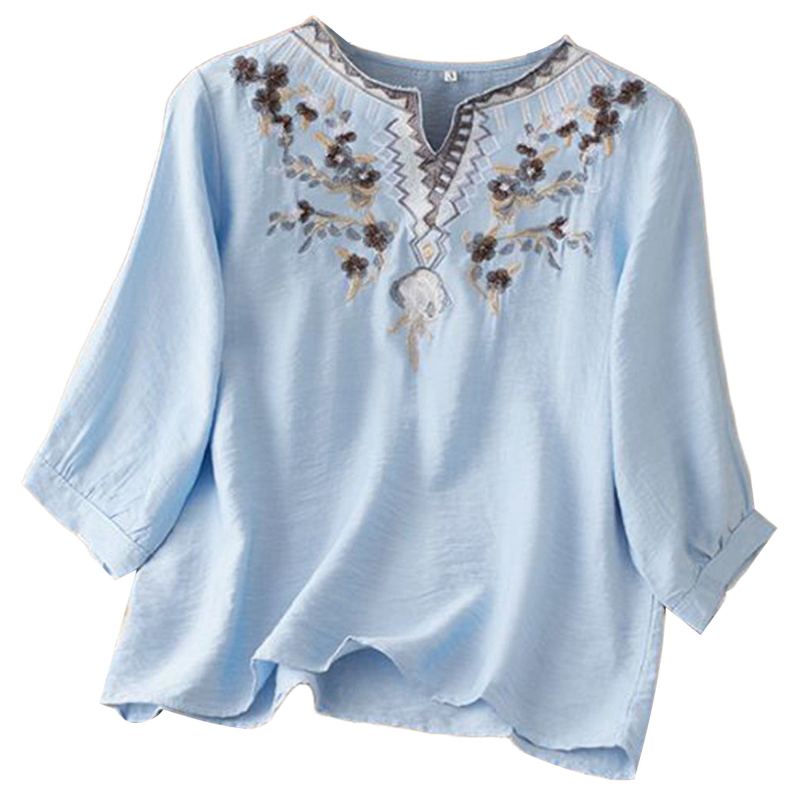 DHFJKG Summer Boho Shirts Women Linen Floral Embroidered 3/4 Sleeve ...