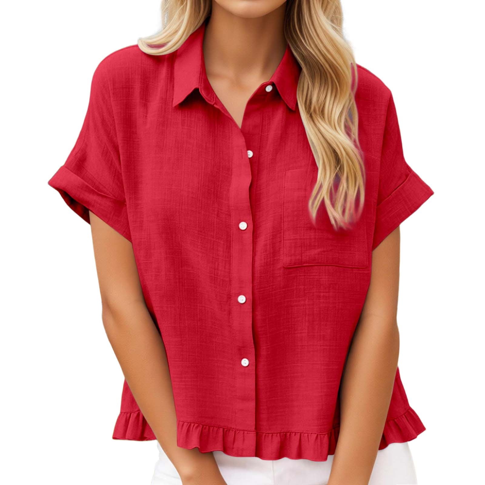 DHFJKG Summer Button Up Shirts For Women Short Sleeve Solid Color ...