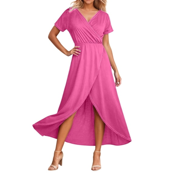 DHFJKG Summer Dress Women Casual V Neck Short Sleeve A Line Long Dress ...