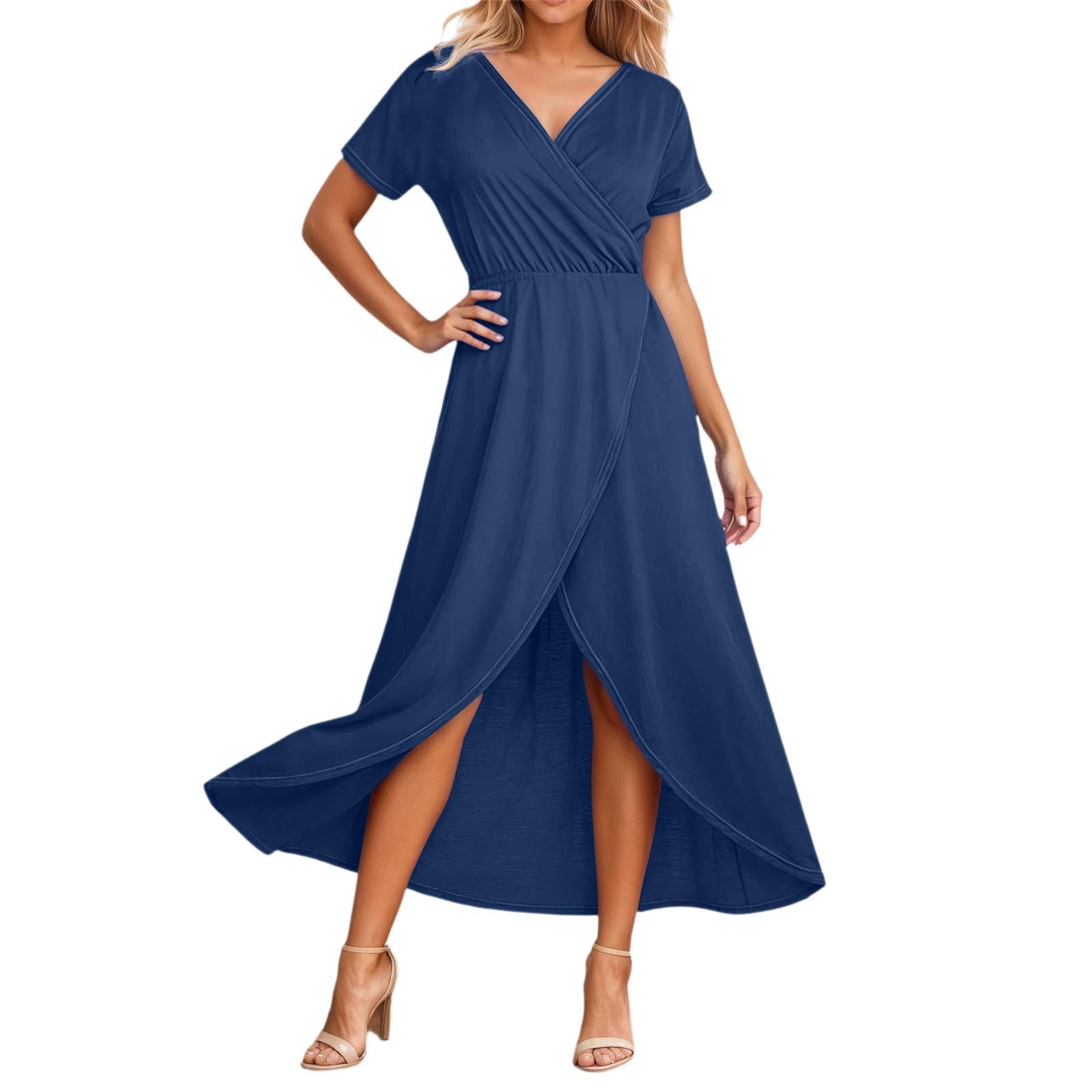 DHFJKG Summer Dress Women Casual V Neck Short Sleeve A Line Long Dress ...