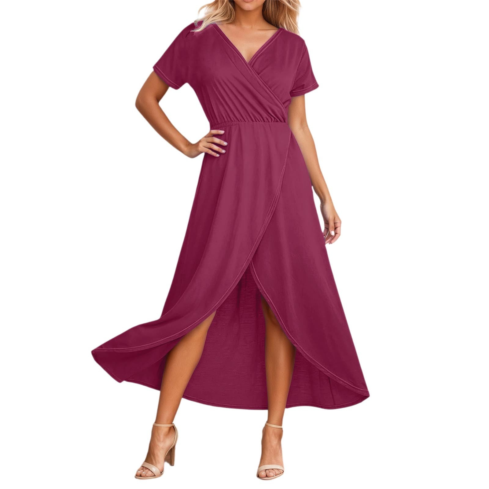 DHFJKG Summer Dress Women Casual V Neck Short Sleeve A Line Long Dress ...
