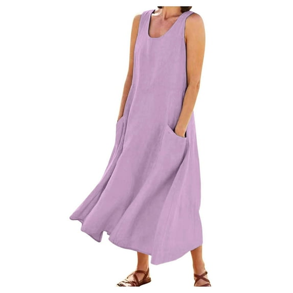 DHFJKG Summer Dresses For Women Solid Color Round Neck With Pockets ...