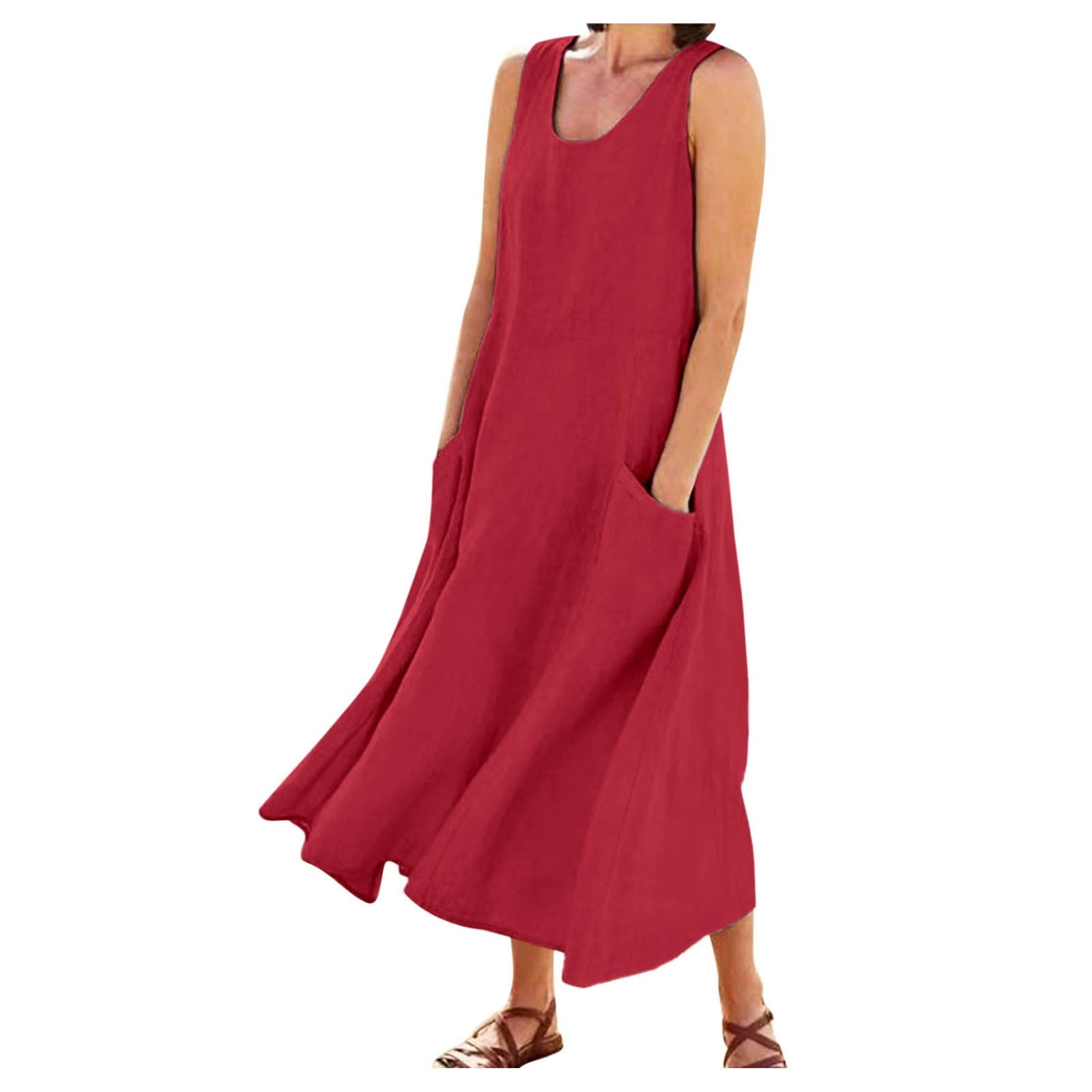 DHFJKG Summer Dresses For Women Solid Color Round Neck With Pockets ...
