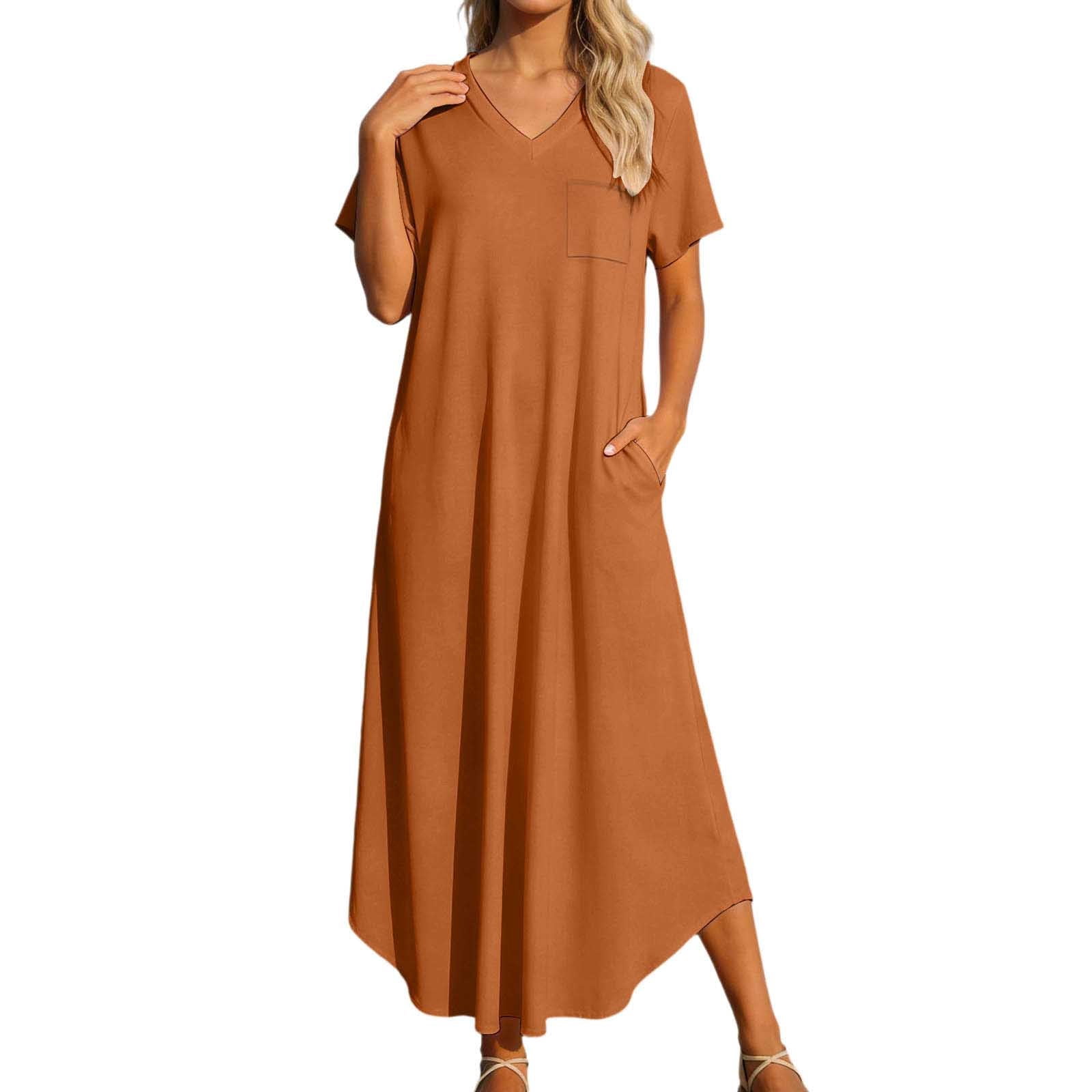 DHFJKG Summer Dresses For Women Long Dress Short Sleeve V Neck Flowy A ...