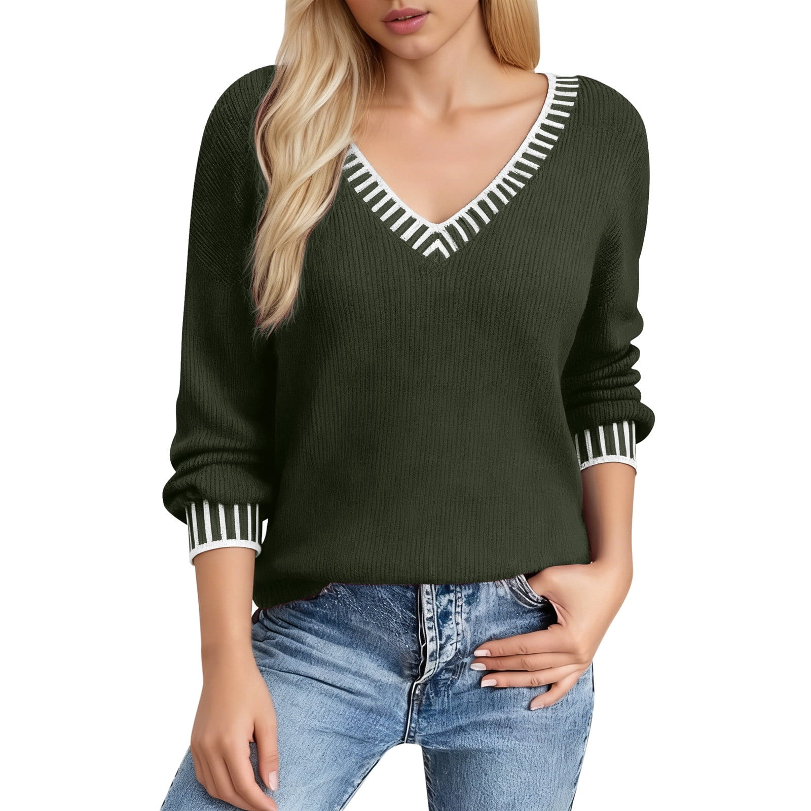 DHFJKG Sweaters For Women Knit V Neck Color Block Long Sleeve Loose Fit ...