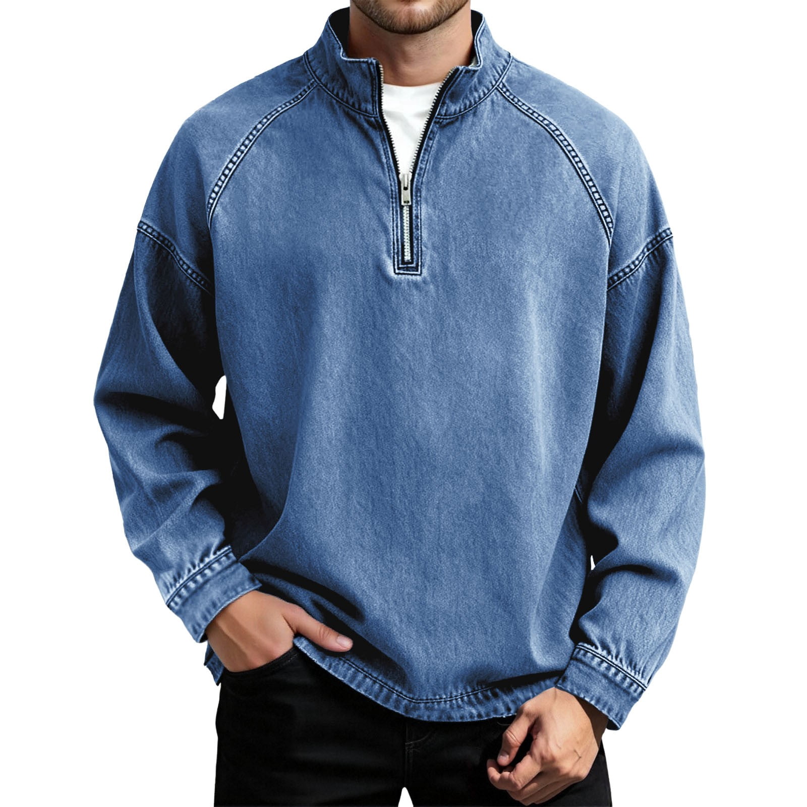 DHFJKG Sweatshirt For Men Retro Denim Quarter Zip Stand Collar Long ...