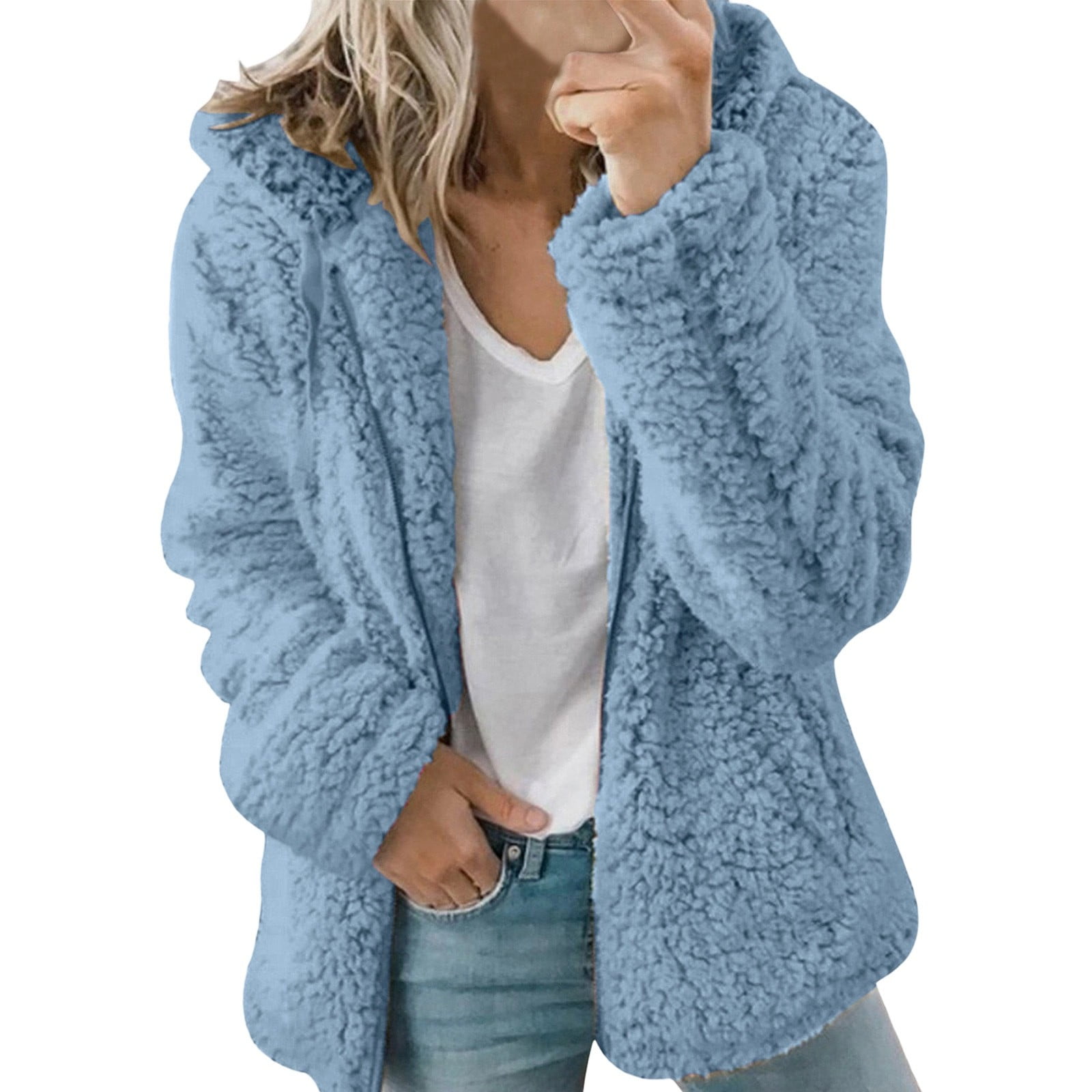 DHFJKG Winter Coats For Women Fluffy Hoodies Solid Color Plush Zipper ...