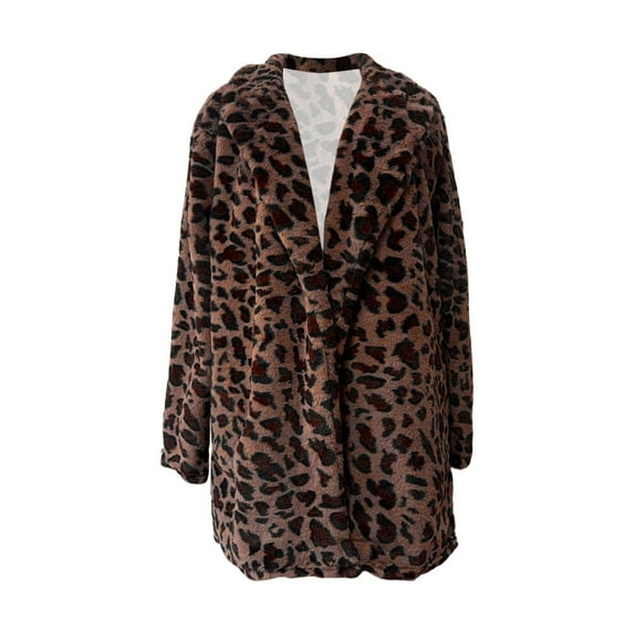DHFJKG Winter Coats For Women Plush Leopard Open Front Mediun Length ...