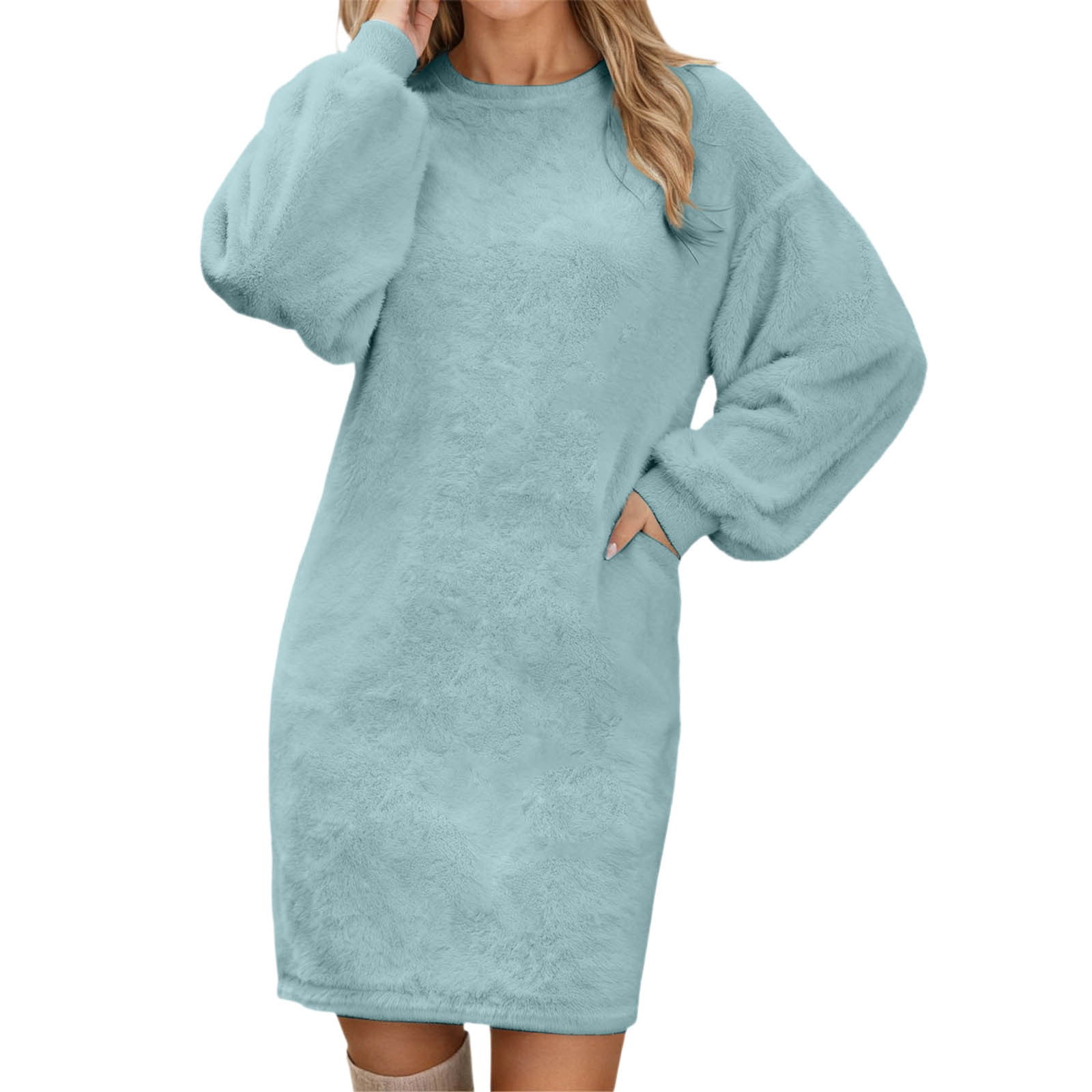 DHFJKG Winter Flannel Mini Dresses For Women Fluffly Shaggy Solid Color ...
