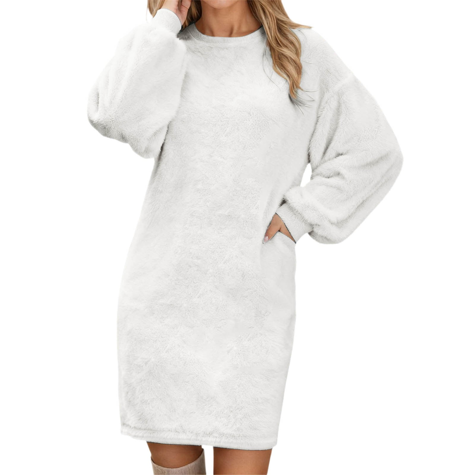DHFJKG Winter Flannel Mini Dresses For Women Fluffly Shaggy Solid Color ...