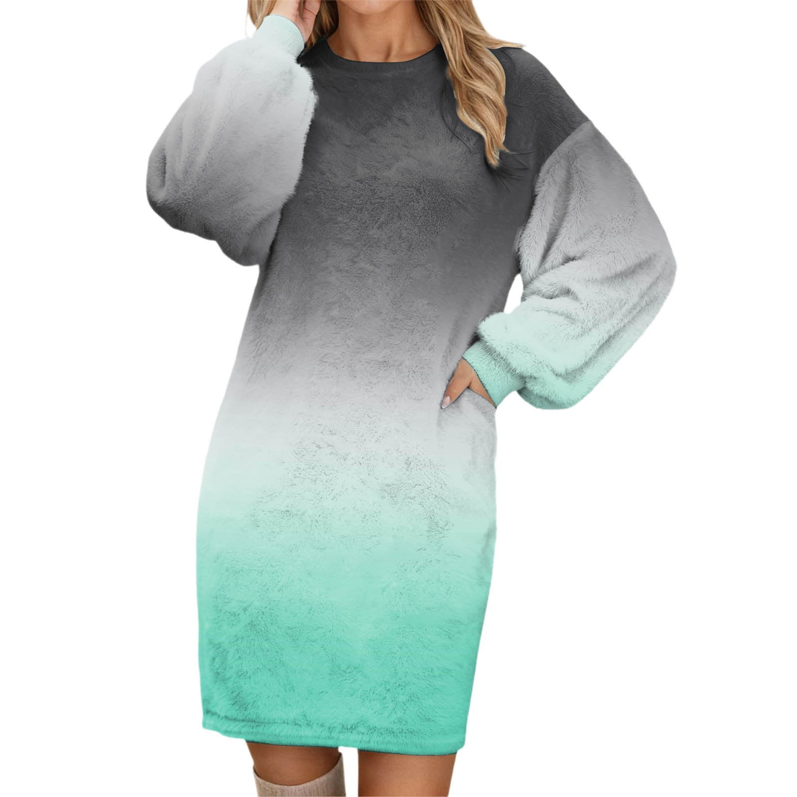 DHFJKG Winter Flannel Mini Dresses For Women Gradient Fluffly Shaggy ...