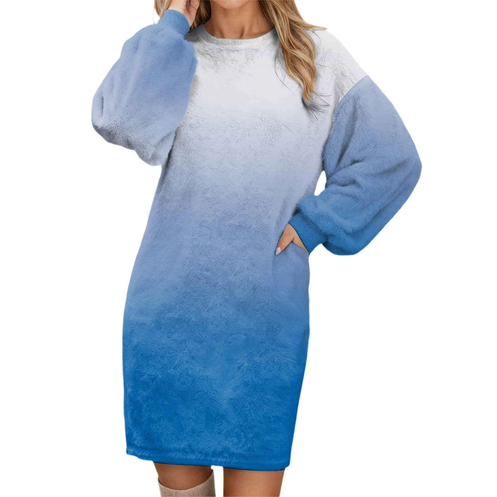 DHFJKG Winter Flannel Mini Dresses For Women Gradient Fluffly Shaggy ...