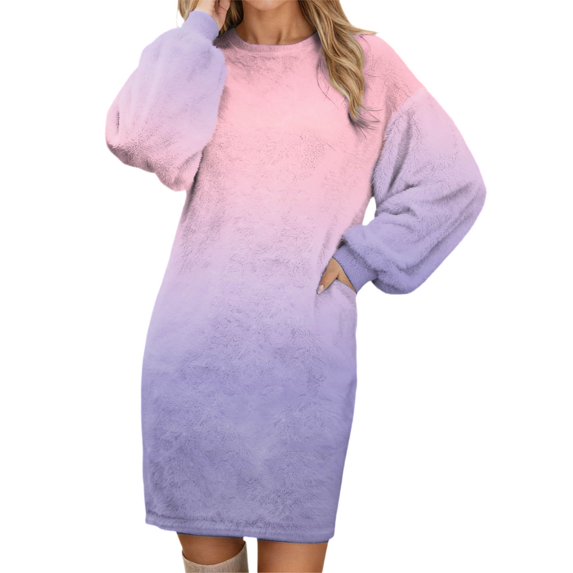 DHFJKG Winter Flannel Mini Dresses For Women Gradient Fluffly Shaggy ...