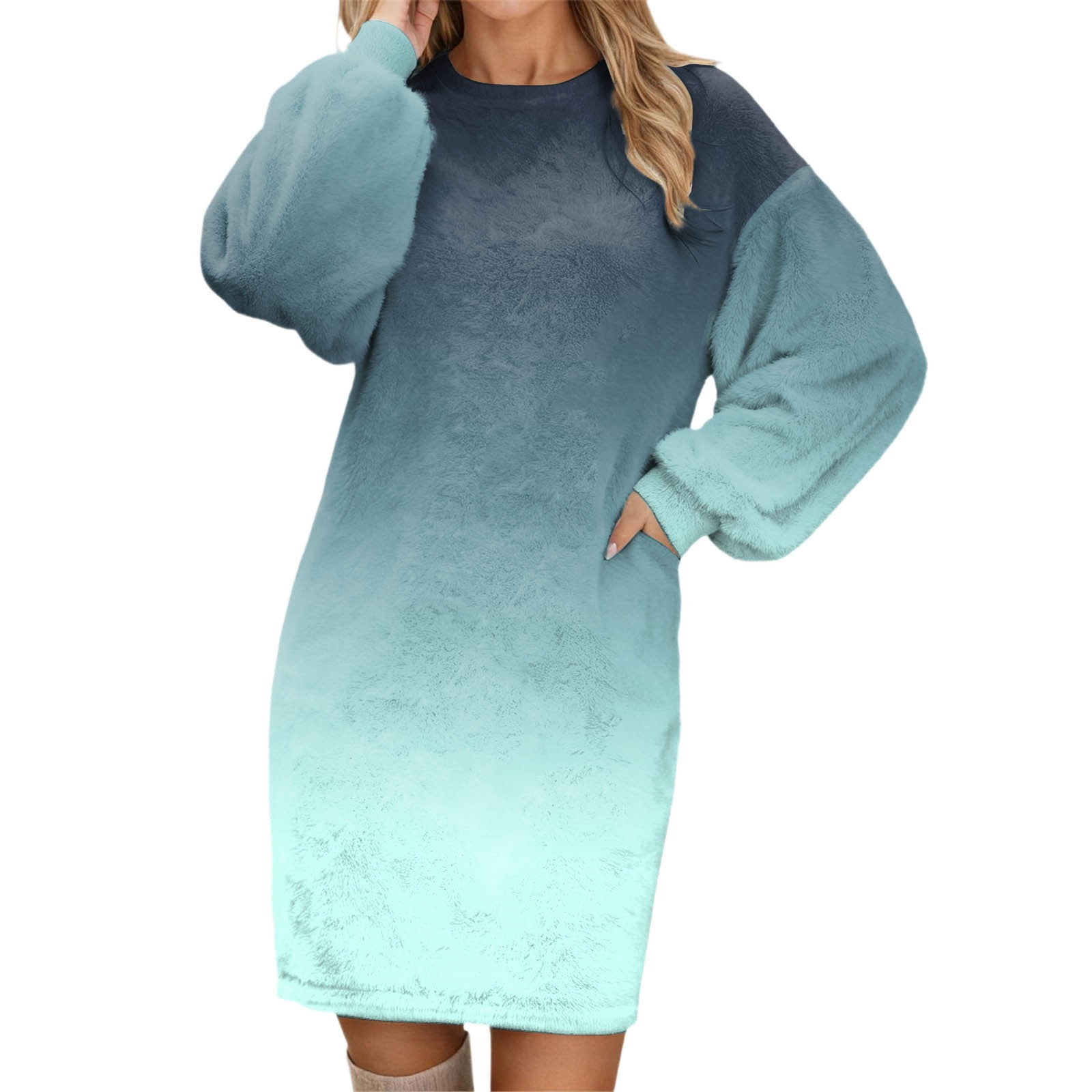 DHFJKG Winter Flannel Mini Dresses For Women Gradient Fluffly Shaggy ...