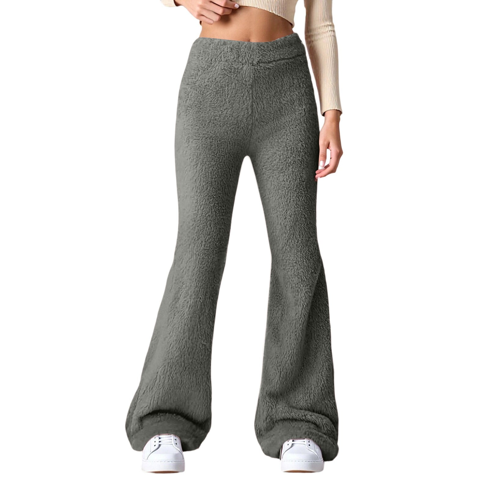 DHFJKG Winter Fluffy Flare Pants For Women High Rise Elastic Waist ...