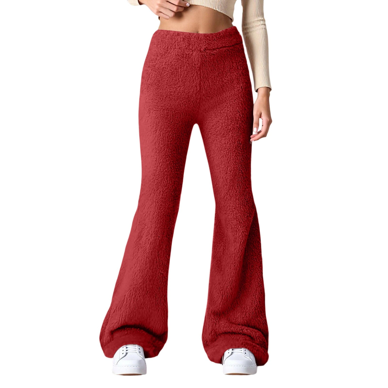DHFJKG Winter Fluffy Flare Pants For Women High Rise Elastic Waist ...