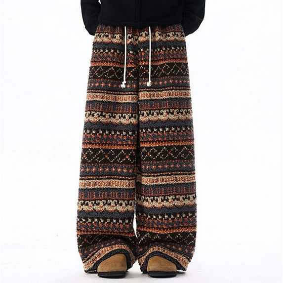 DHFJKG Winter Fuffy Mens Pants Wide Leg Retro Pattern Elastic Waist ...