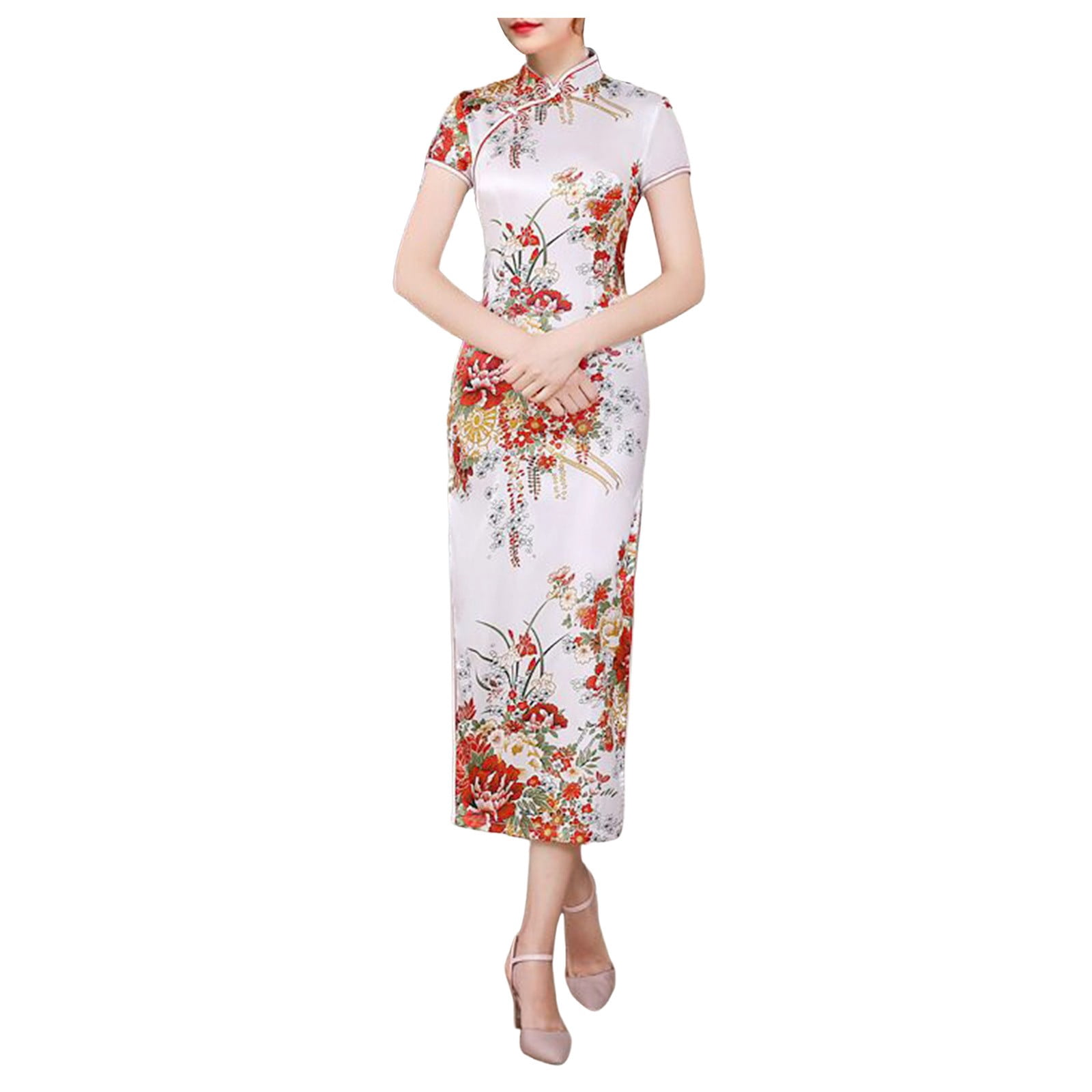 DHFJKG Women Cheongsam Long Dress Short Sleeve Slim Fit Maxi Dress ...