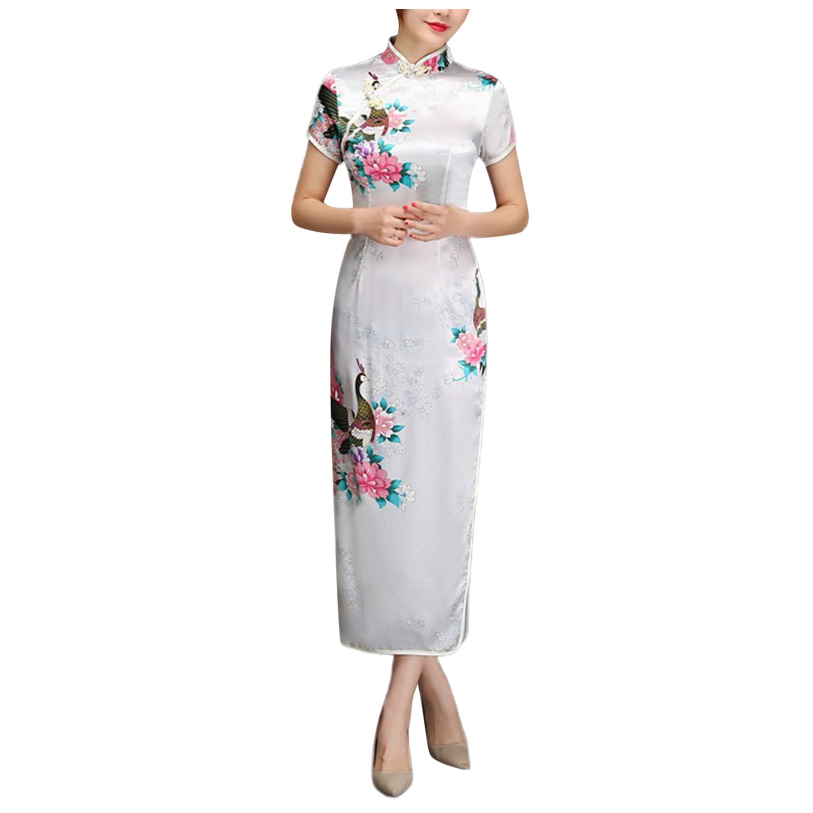 DHFJKG Women Cheongsam Long Dress Short Sleeve Slim Fit Maxi Dress ...