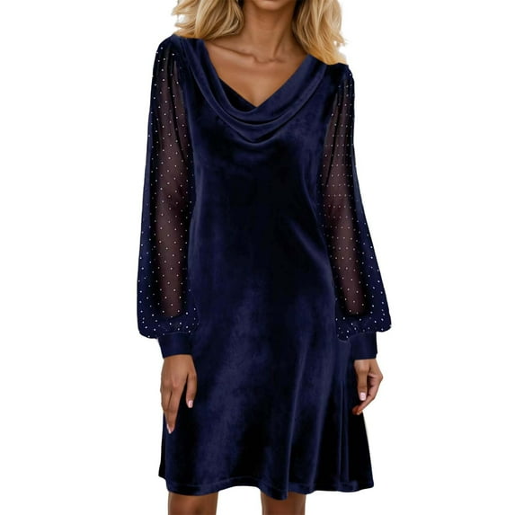 DHFJKG Women Dresses Cowl Neck Solid Color Velvet Mini Dress Mesh Sheer ...