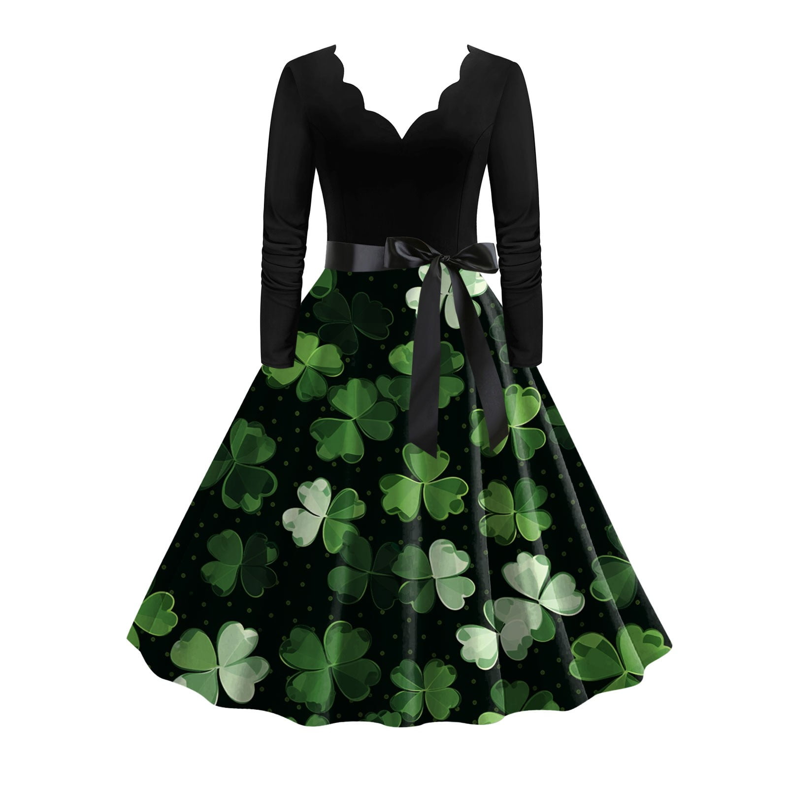 DHFJKG Women Dresses Green Four Leaf Clover Printed V Neck A-Line Swing Hem Mini Dress Tie Waist ...