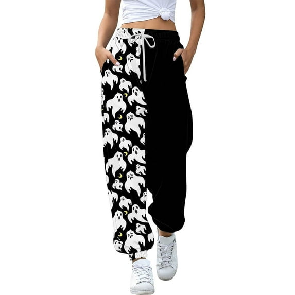 DHFJKG Women Halloween Sweatpants Ghost Print Pockets High Waist Sporty ...