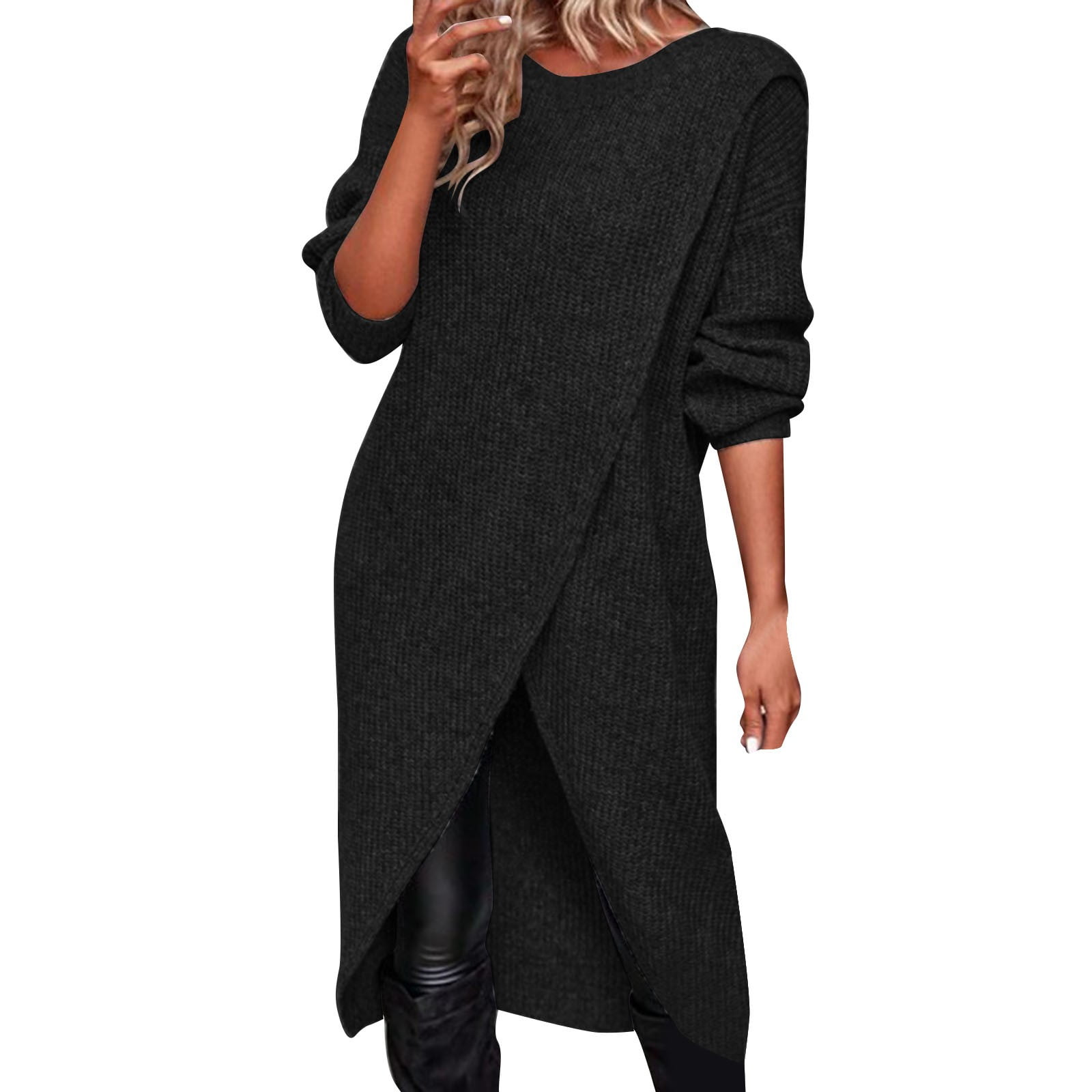 DHFJKG Women'S Casual Dress Solid Color Round Neck Knit Long Sleeve ...