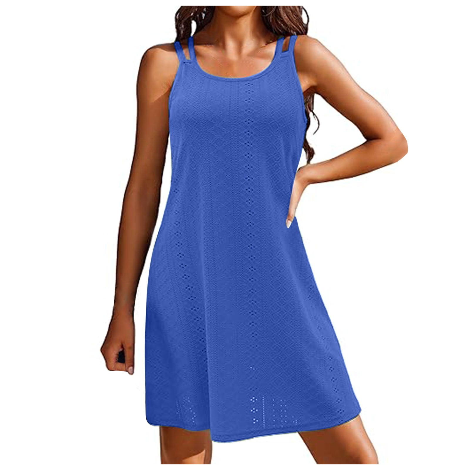 DHFJKG Women'S Casual Dress Solid Color Round Neck Spaghetti Strap ...