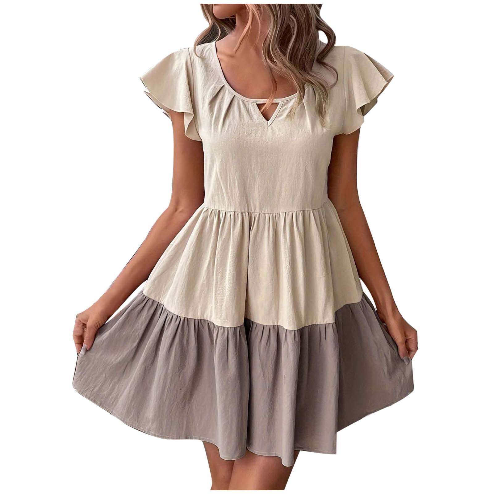 DHFJKG Women Summer V Neck Mini Dress Linen Short Sleeve Color Block A ...
