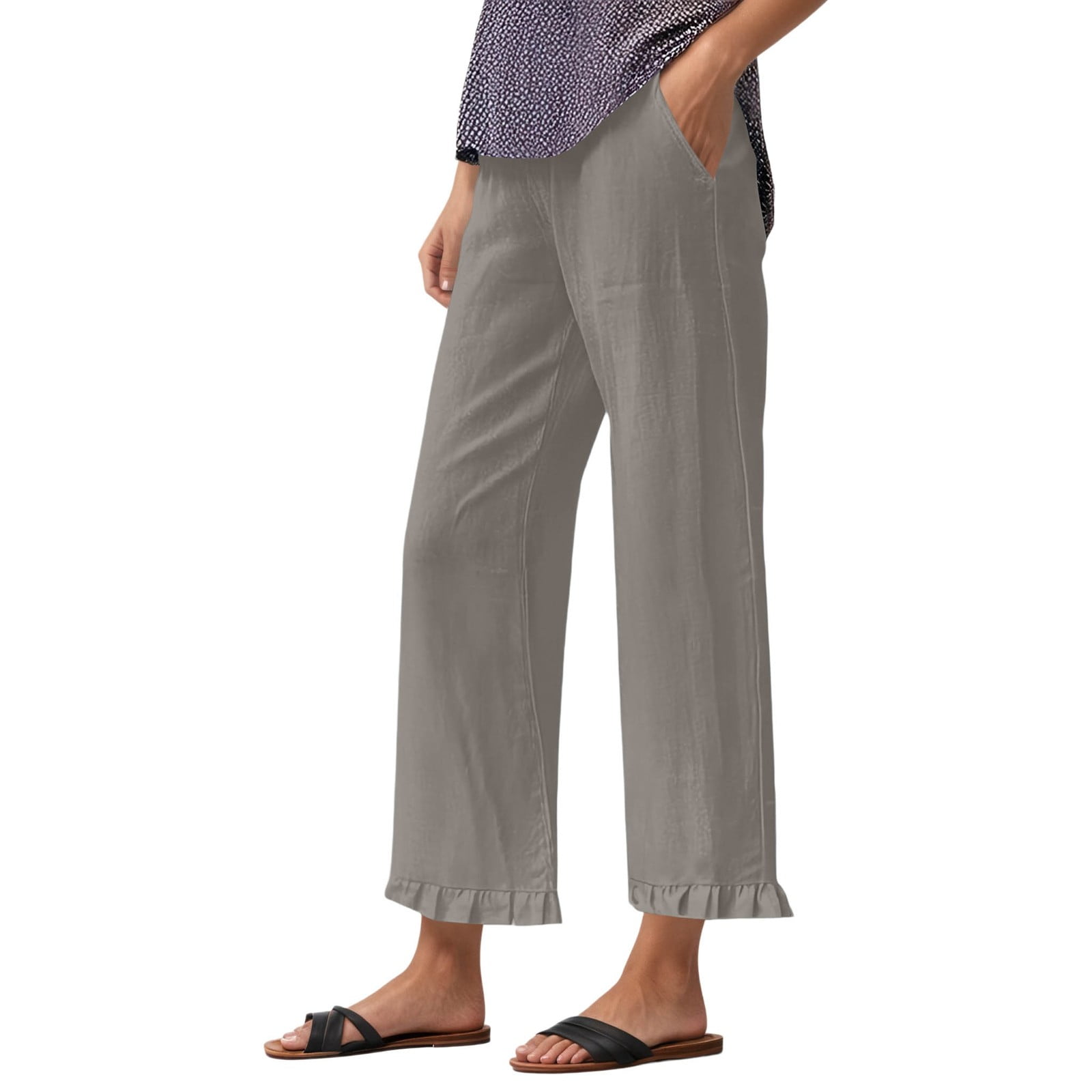 DHFJKG Women's Casual Pants Solid Color Ruffled Hem Comfortable Loose ...
