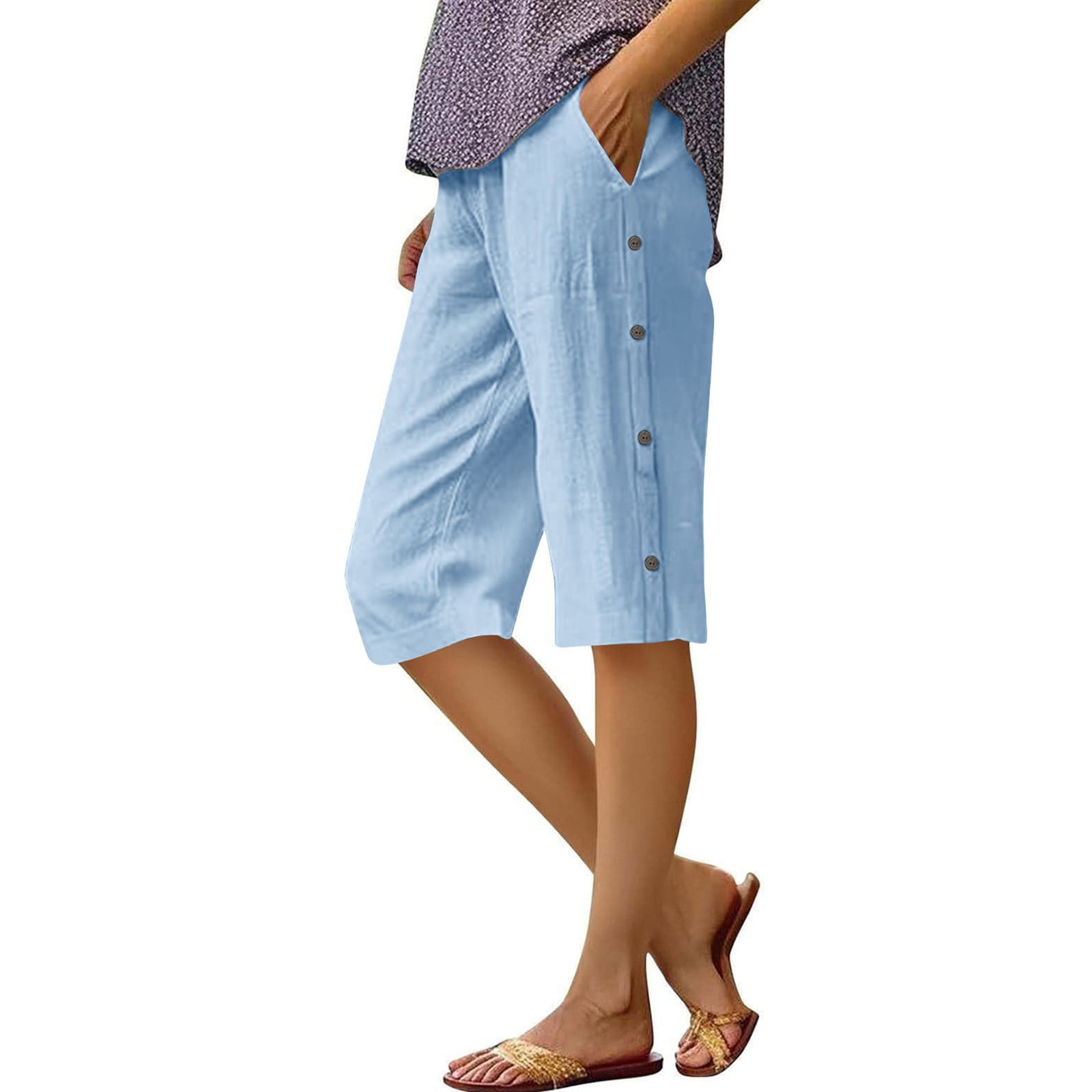 DHFJKG Women's Linen Capri Pants Casual Summer Elastic Waist Loose Fit ...