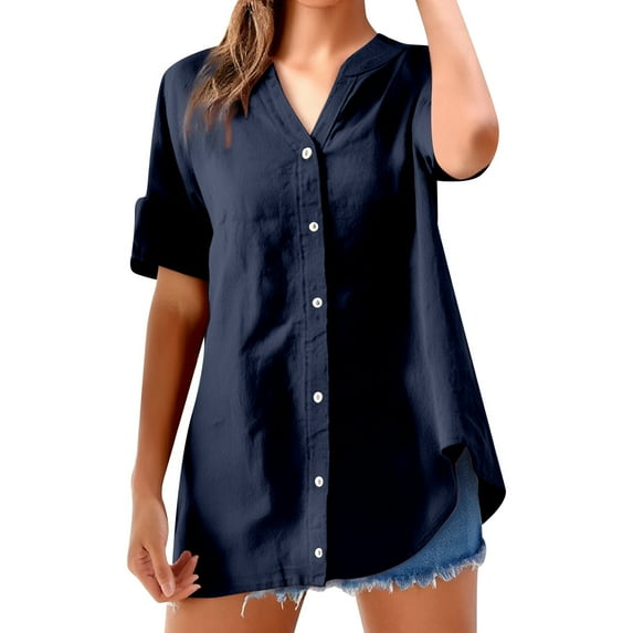 DHFJKG Women's Linen Shirt Loose Fit Short Sleeve V Neck Shirts Solid ...