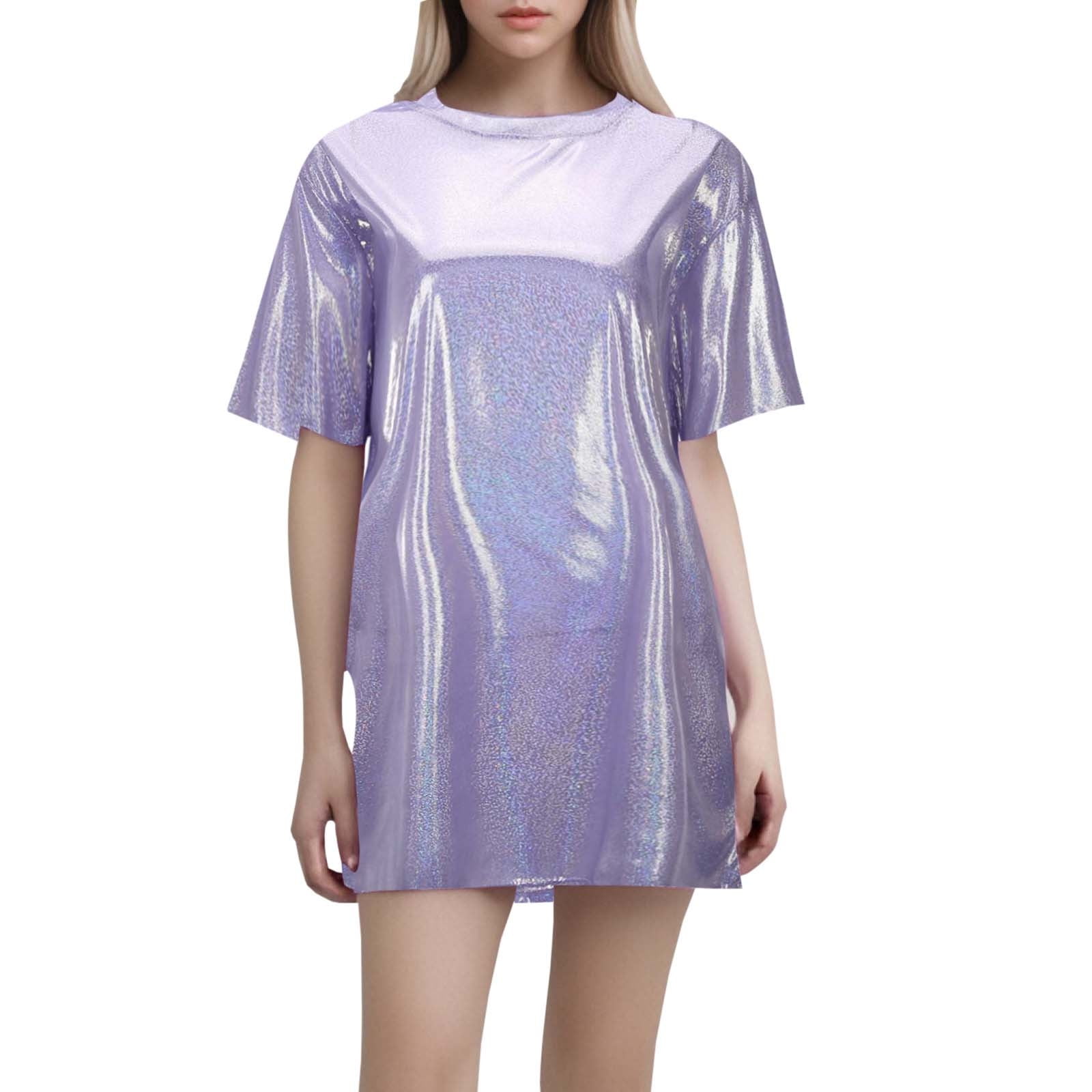 DHFJKG Women's Metallic T Shirt Short Sleeve Carnival Glossy Loose Fit ...