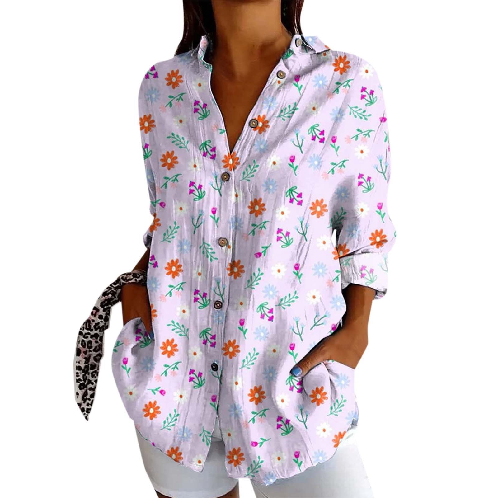 DHFJKG Women's Shirts Fashion Printed Casual Lapel Long Sleeve Button ...