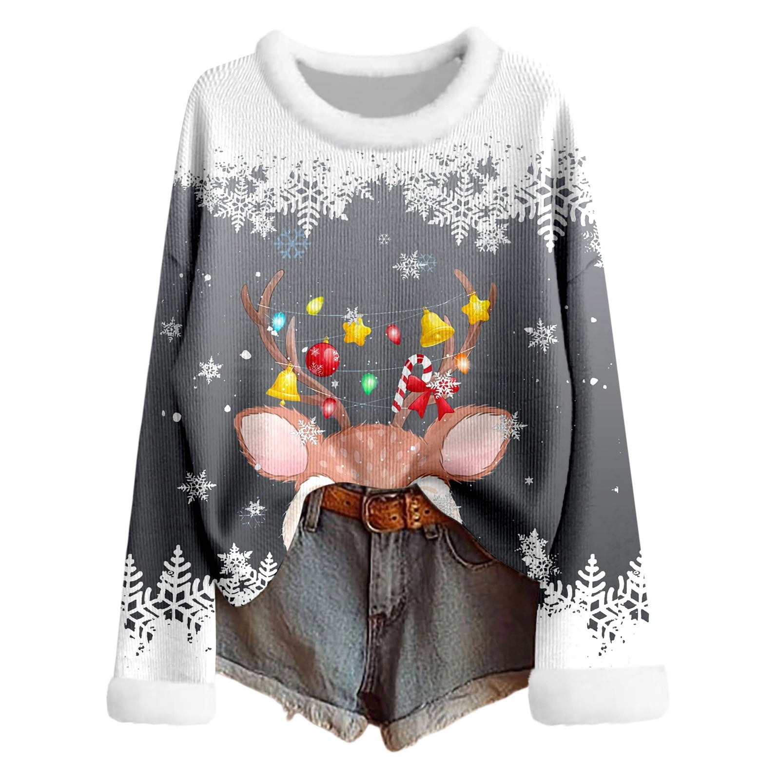 DHFJKG Women's Sweaters Christmas Fuzzy Trim Knit Ribbed Cute Reindeer ...