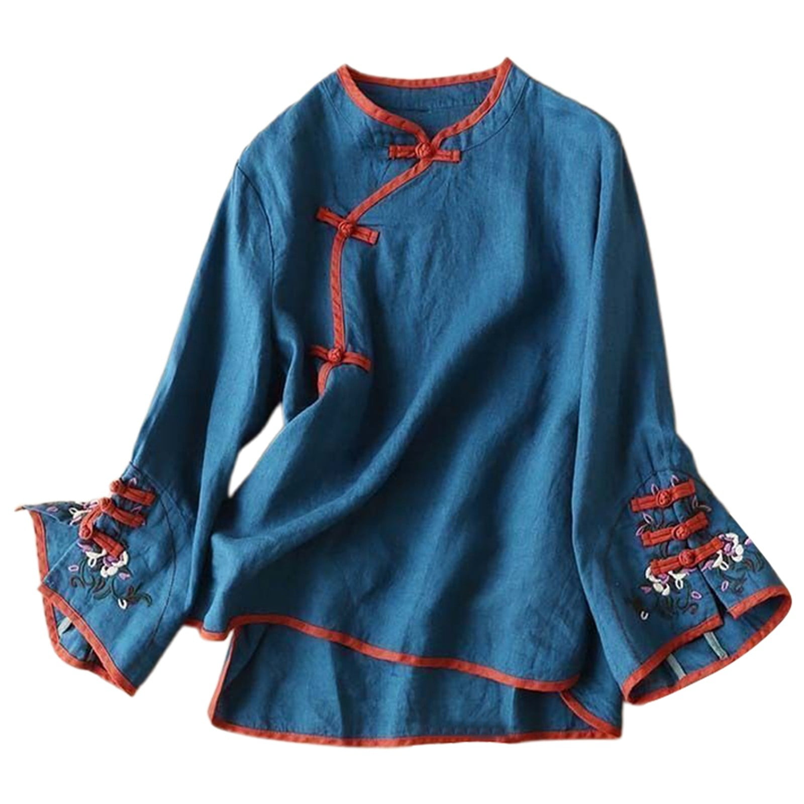 DHFJKG Women's Top Spring Retro Ethnic Style Slanted Collar Button-Up ...
