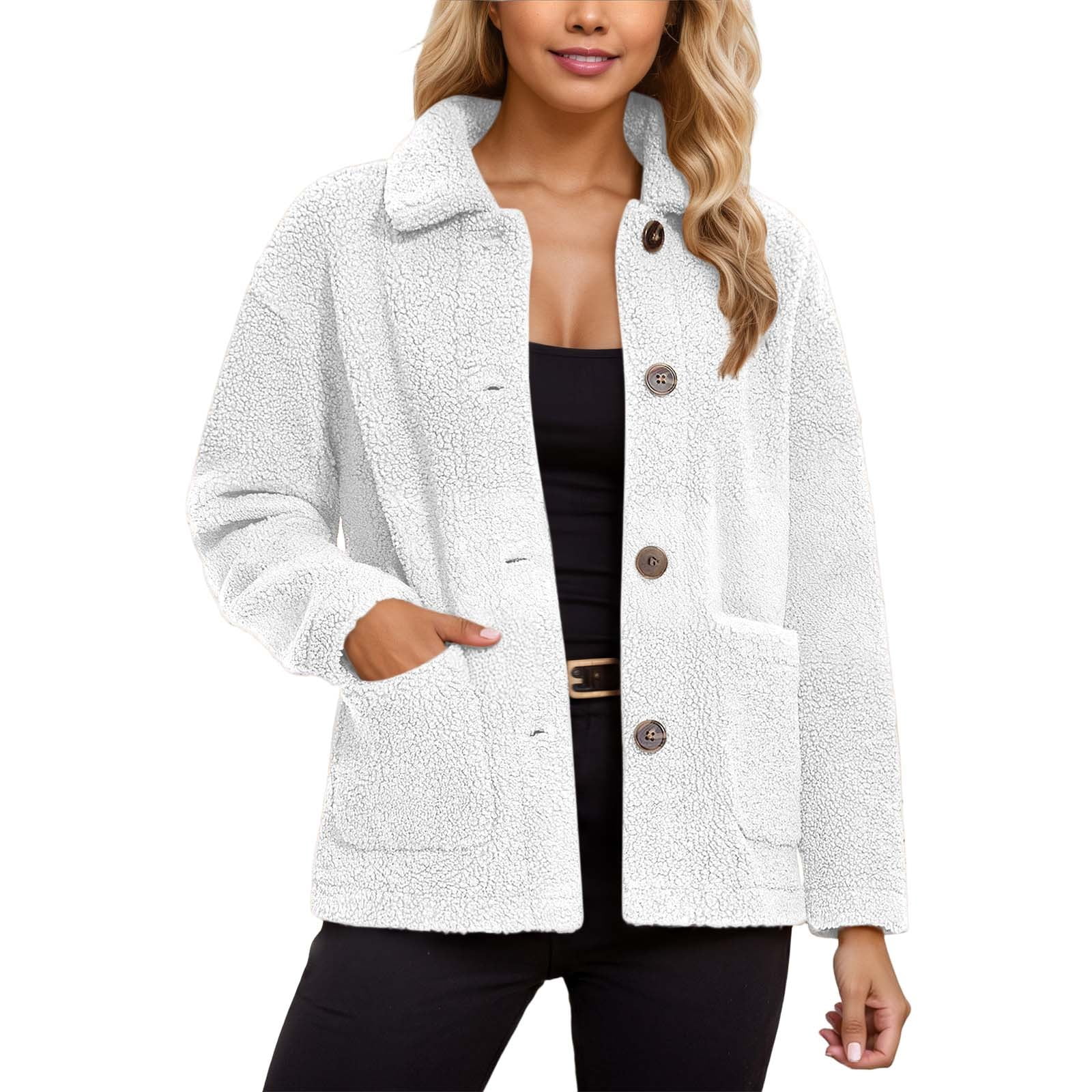 DHFJKG Women's Winter Teddy Jacket Windproof Button-Down Solid Color ...