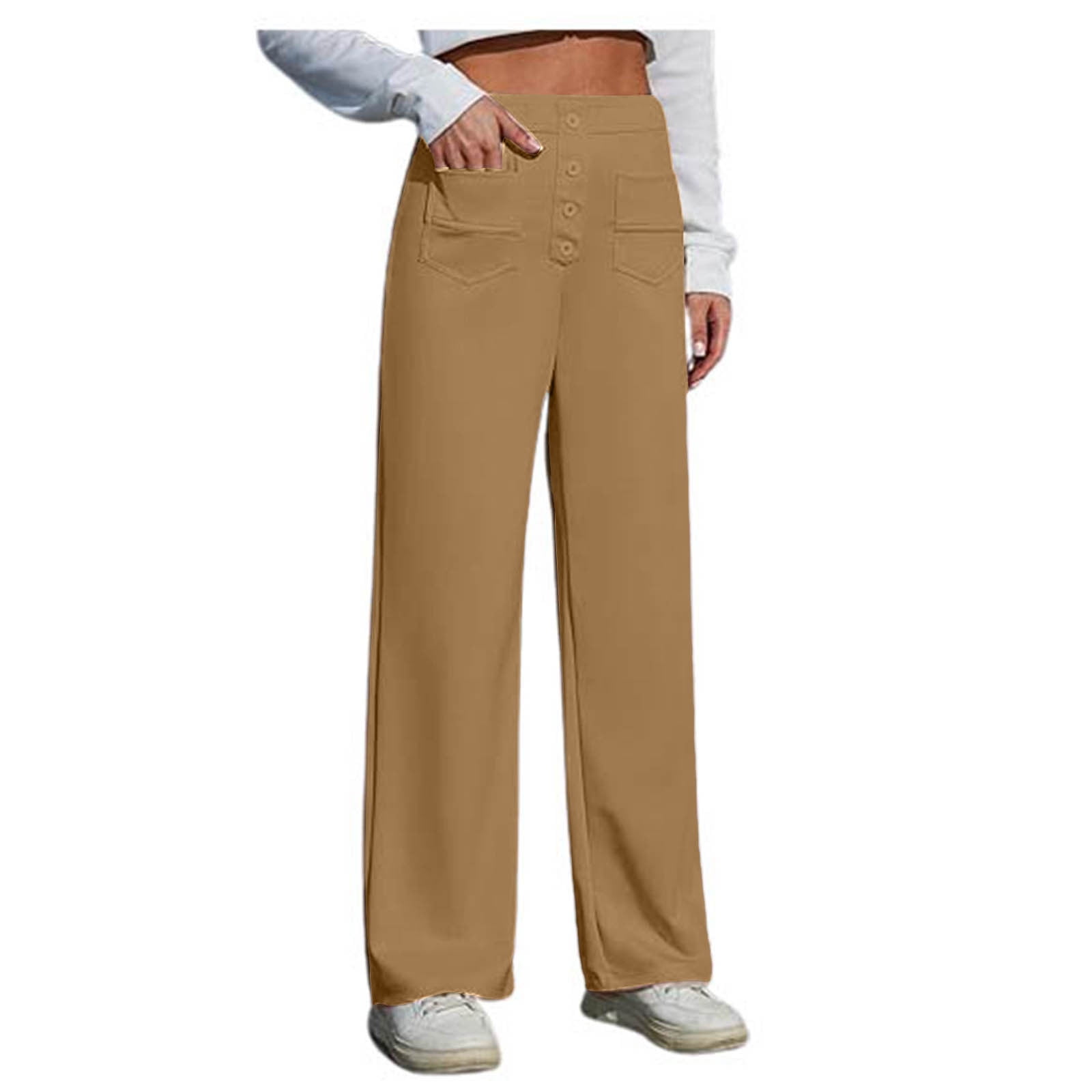 DHFJKG Women's Work Pants Solid Color Mid High Waisted Buttons Straight ...
