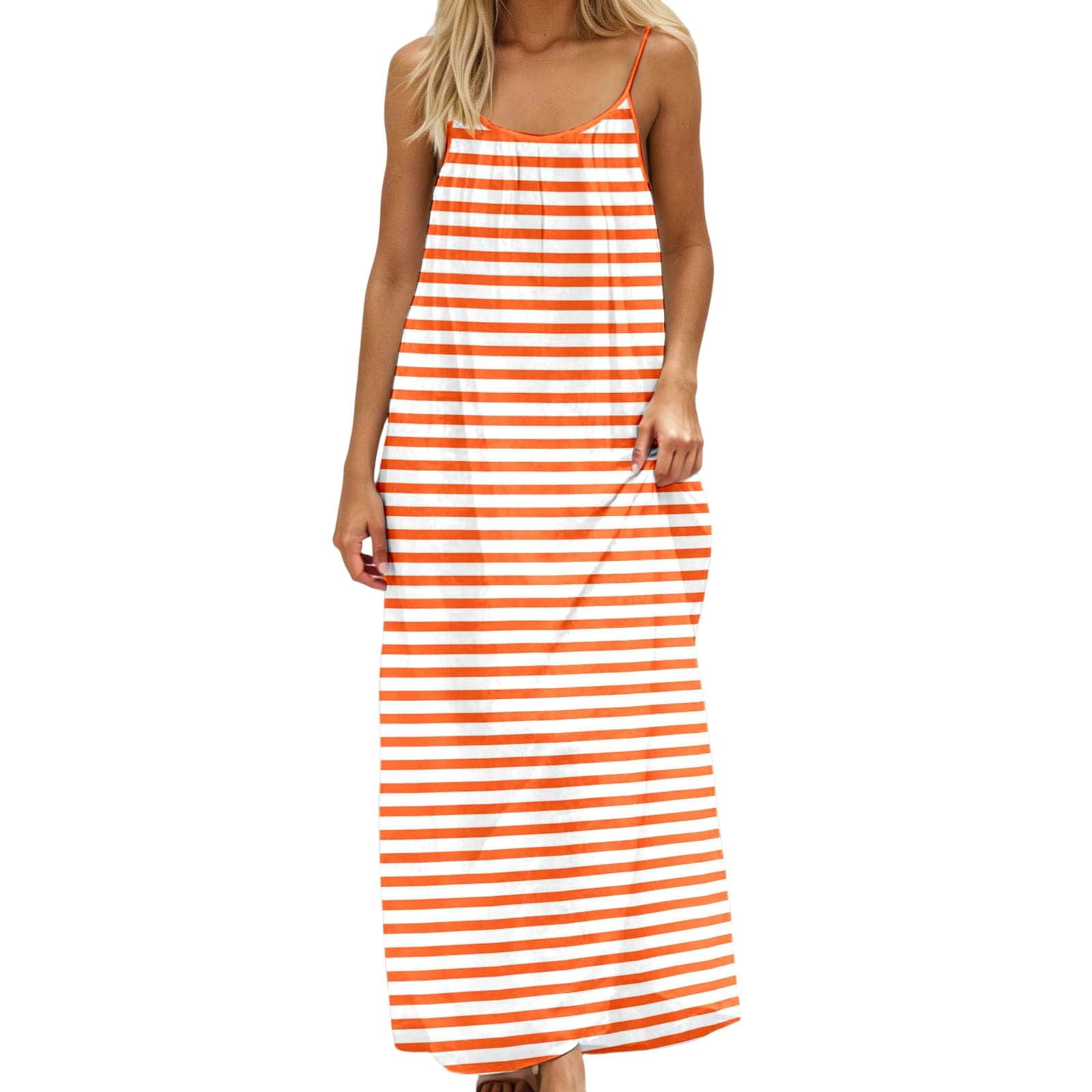 DHFJKG Womens Beach Dress Maxi Dresses Sleeveless Open Back Striped ...