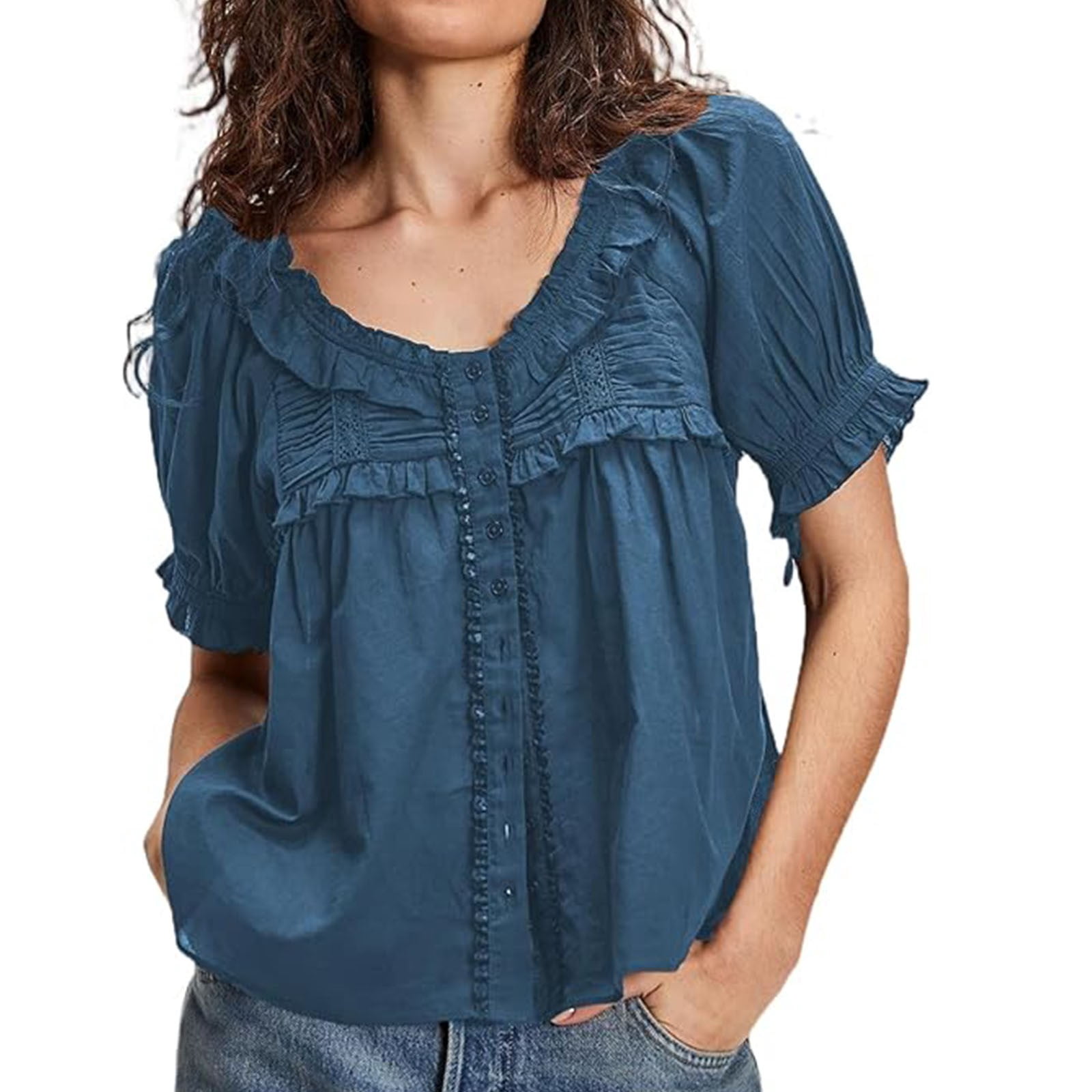 DHFJKG Womens Bohomian T Shirt Ruffle Trim Short Sleeve Scoop Neck ...