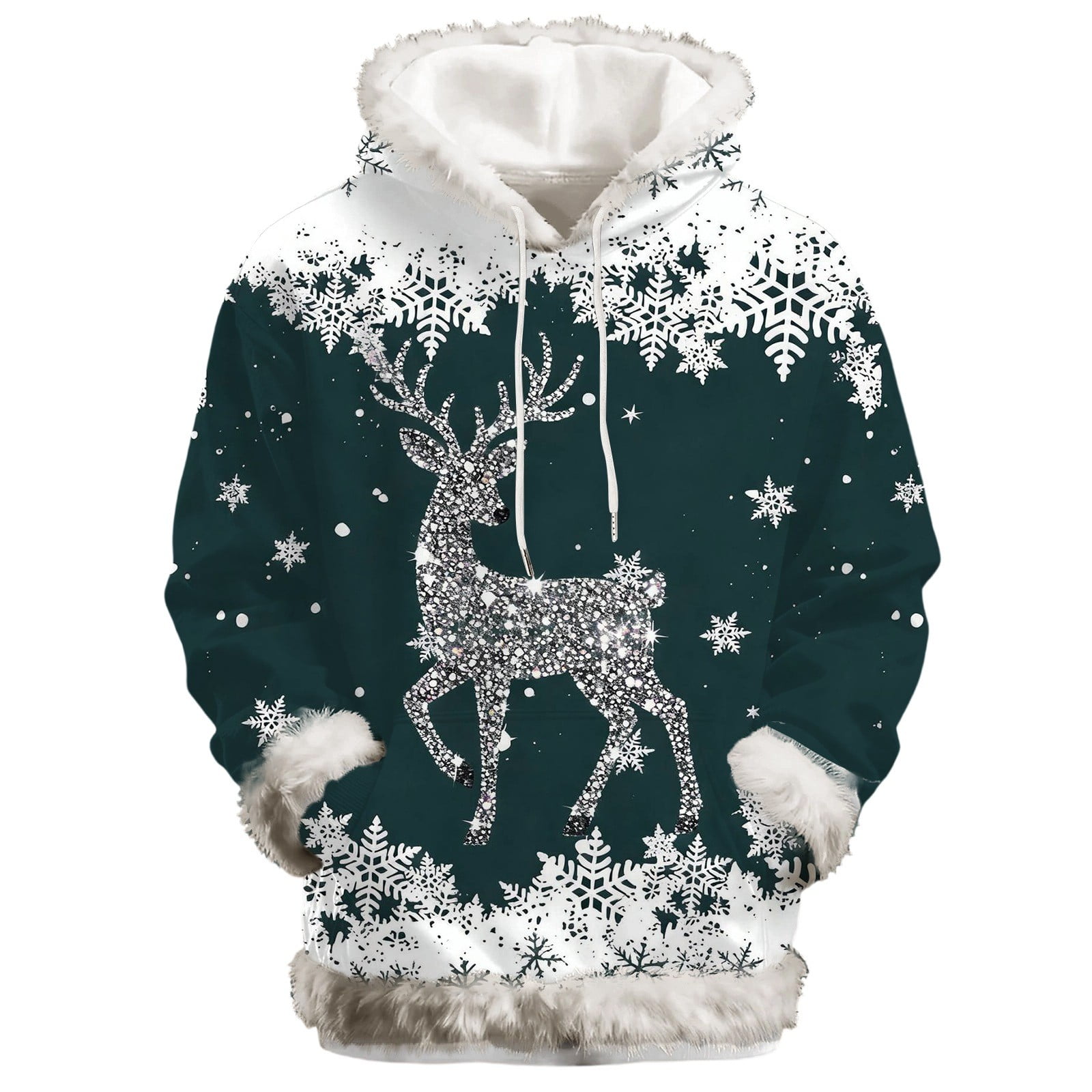 DHFJKG Womens Christmas Hoodies Fuzzy Trim Reindeer Printed Long Sleeve ...