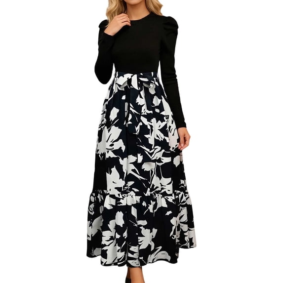 DHFJKG Womens Dresses 2026 Spring Floral Long Sleeve Casual Round Neck ...