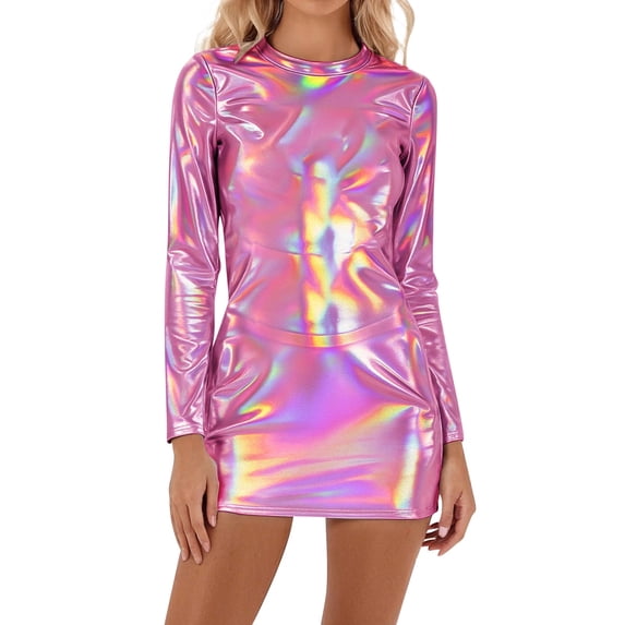 DHFJKG Womens Metallic Dress Long Sleeve Bodycon Crewneck Mini Dress ...