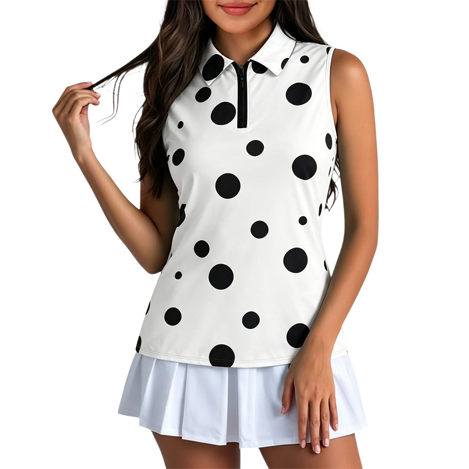 DHFJKG Womens Polo Shirts Polka Dot Quarter Zip Sleeveless Regular Fit ...