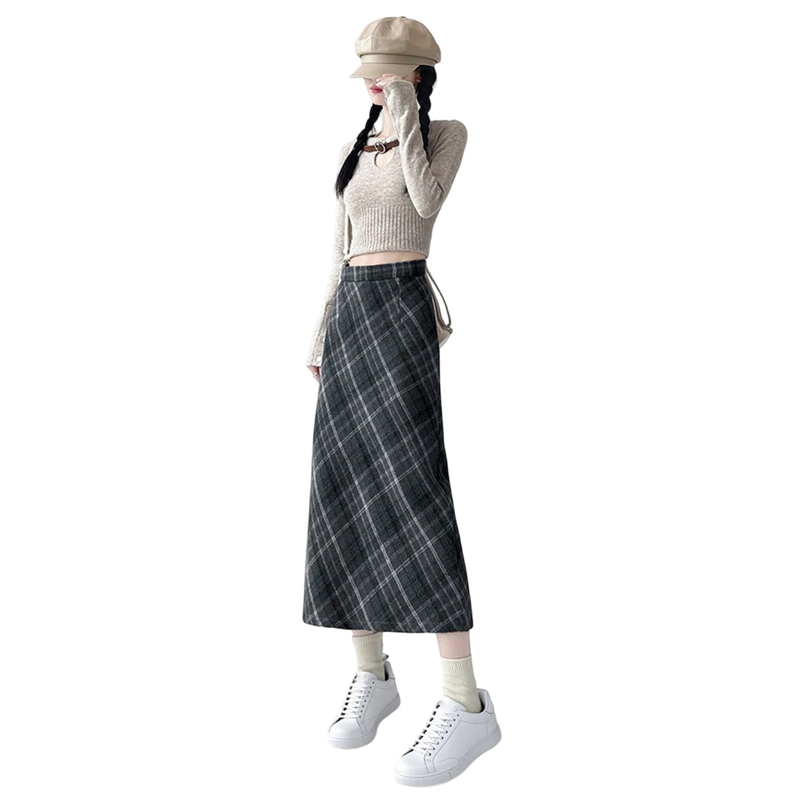 DHFJKG Womens Skirts Plaid High Waist Side Slit Mid-Calf Skirt Slim Fit ...